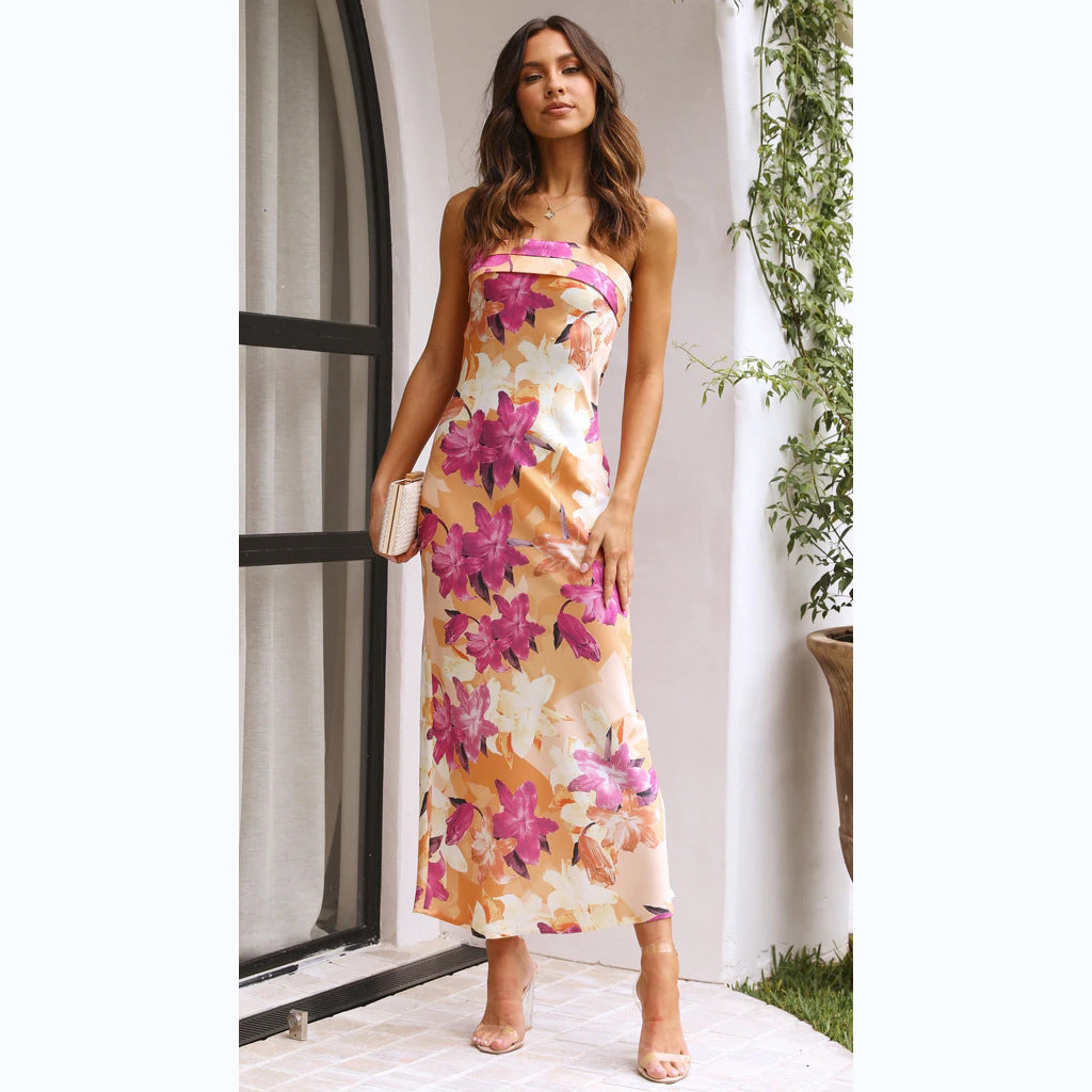 Floral Print Wrapped Chest Midi Dress – Evshp