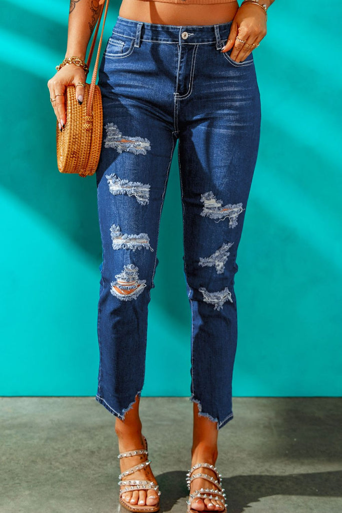 High-Rise Distressed Hem Detail Jeans – Evshp